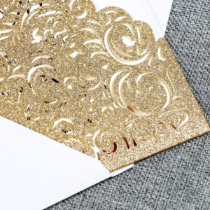 FEIYI 25PCS Laser Cut Wedding Invitations Cards with Envelopes for Quinceanera Birthday Sweet 16, Bridal Shower Anniversary Party Invite, Wedding Invitation Kit (Gold Glitter)