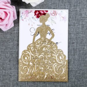 FEIYI 25PCS Laser Cut Wedding Invitations Cards with Envelopes for Quinceanera Birthday Sweet 16, Bridal Shower Anniversary Party Invite, Wedding Invitation Kit (Gold Glitter)