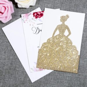 FEIYI 25PCS Laser Cut Wedding Invitations Cards with Envelopes for Quinceanera Birthday Sweet 16, Bridal Shower Anniversary Party Invite, Wedding Invitation Kit (Gold Glitter)