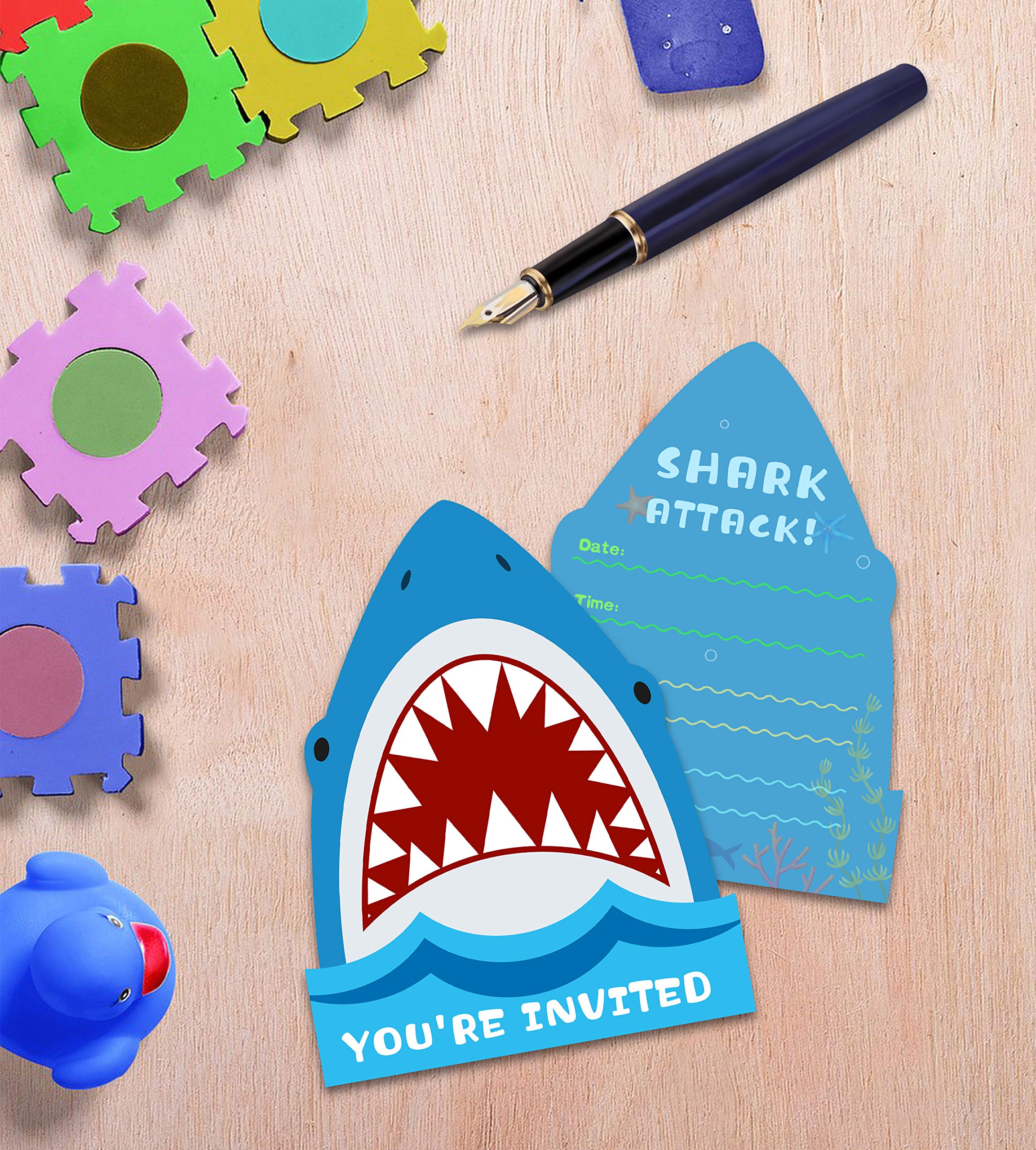 Yangmics Direct 25 Pack Shark Birthday Party Invitations with Envelopes-Double Sided -Shaped Fill-In Invitations-Shark party supplies