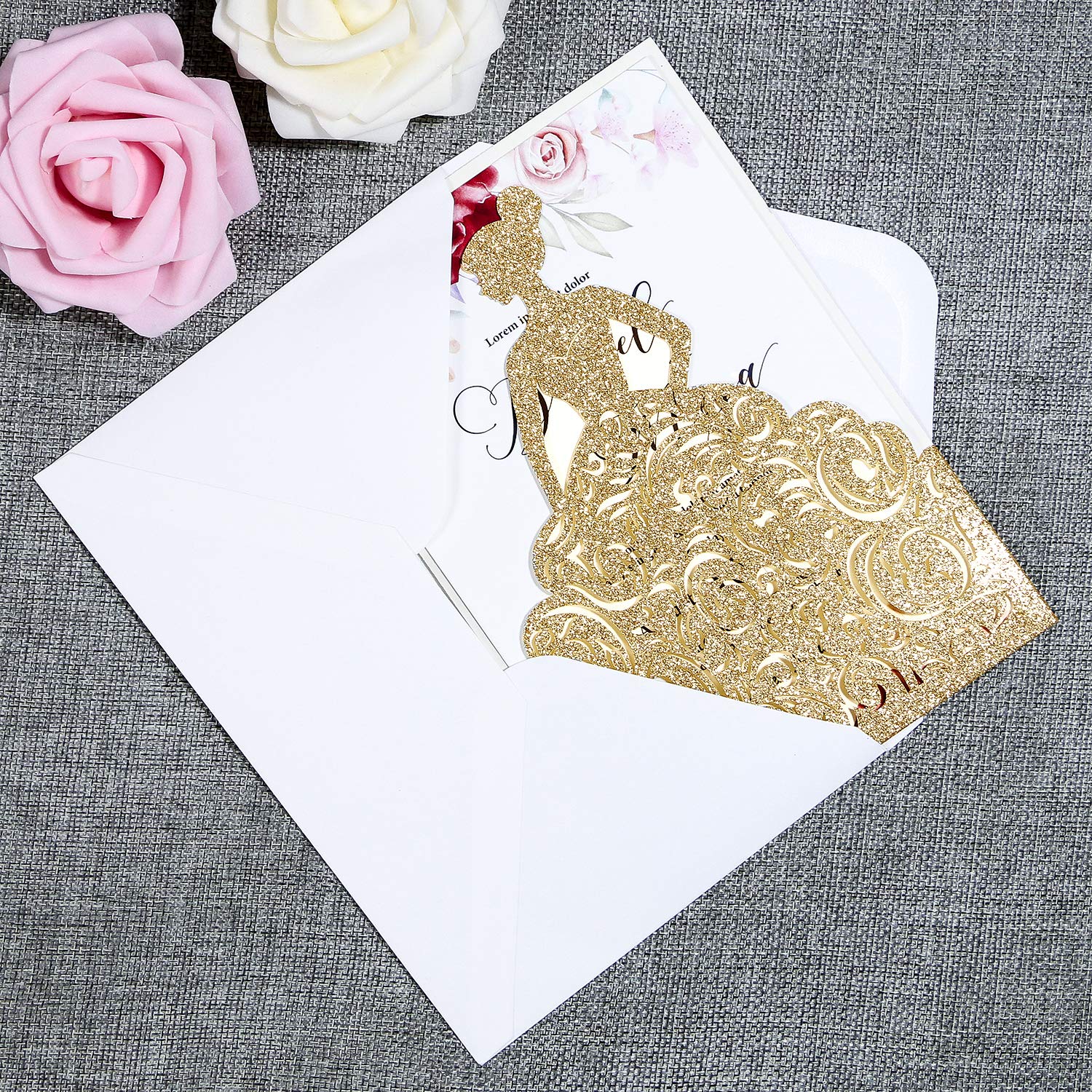 FEIYI 25PCS Laser Cut Wedding Invitations Cards with Envelopes for Quinceanera Birthday Sweet 16, Bridal Shower Anniversary Party Invite, Wedding Invitation Kit (Gold Glitter)