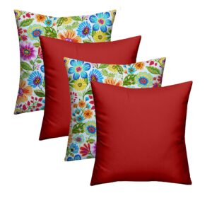 rsh décor: set of 4 square throw pillows | indoor/outdoor all weather polyester fabric | decorative accent pillows for patio furniture | reversible | 17" x 17" | gregoire fresco + red