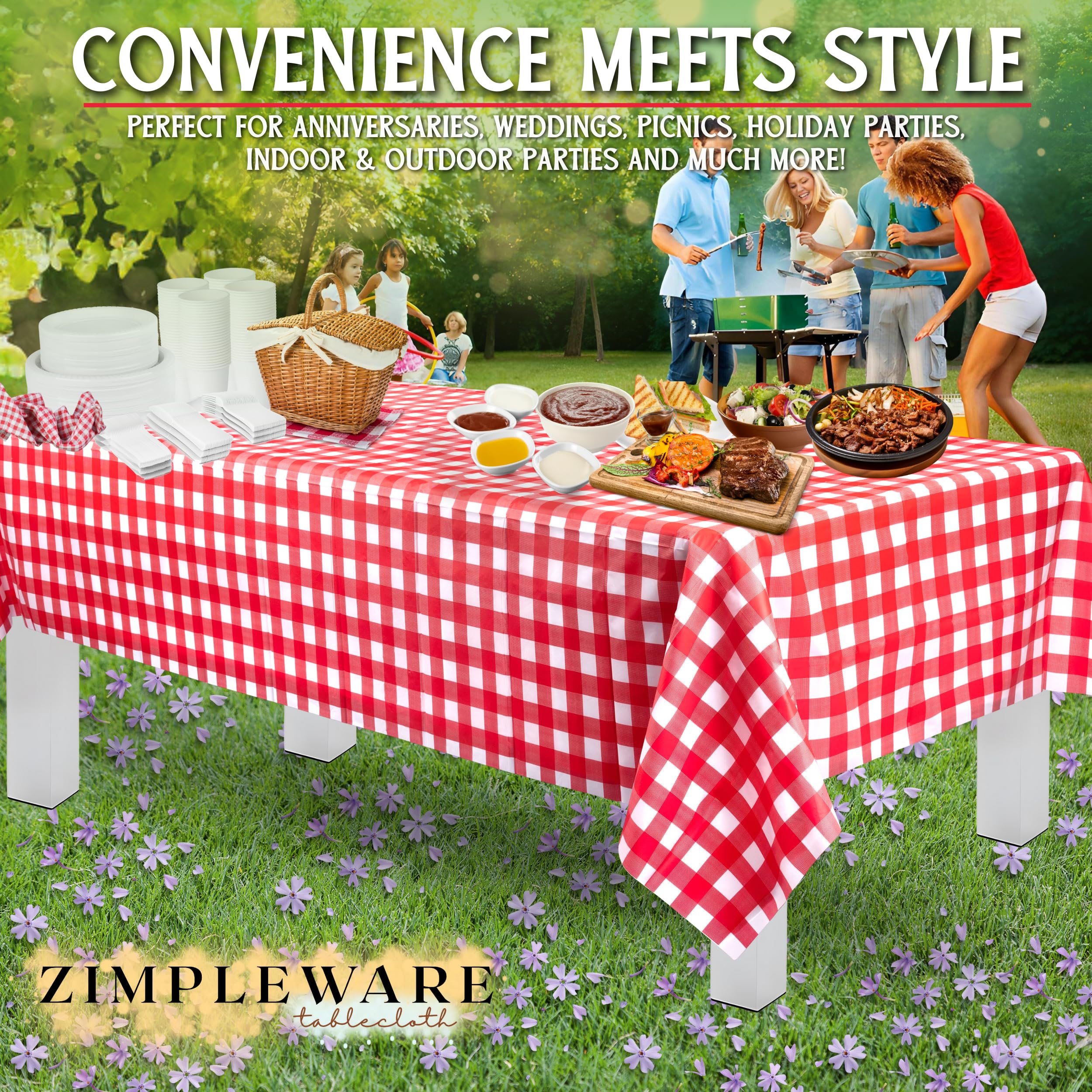 ZIMPLEWARE Premium Red Gingham Checkered Plastic Table Cloth Disposable (12 Pk) Plastic Tablecloths for Rectangle Tables (54in x 108in) Party Table Cloths Disposable for 6ft to 8ft Rectangle Tables