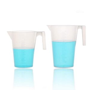 ulab half handle plastic measuring beaker set, stackable 2 sizes 1000ml 2000ml, with spout and molded graduation, ubp1010