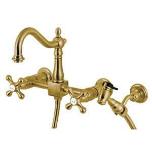 kingston brass ks1267axbs heritage 8-inch centerset wall mount kitchen faucet with brass sprayer, brushed brass