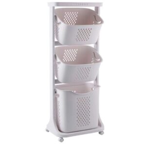 multipurpose sorter basket ,3-tier laundry basket with wheel rolling laundry sorter hamper for kitchen bedroom baedroom bathroom ,tier basket stand with 6 side hooks storage shelf