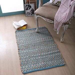 Jute Cotton Rug 2x3'- Hand Woven by Skilled Artisans, for Any Room of Your Home décor - Reversible for Double The wear - Diamond Design - Jute Cotton Rug - Natural Teal,Kitchen Rug,Entry Way Rug