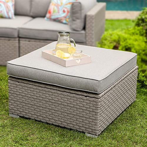 COSIEST Outdoor Furniture Add-on Ottoman for Expanding Wicker Sectional Sofa Set w Warm Gray Thick Cushion for Garden, Pool, Backyard