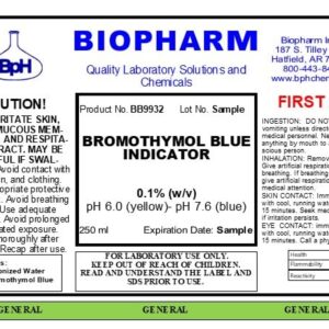 Biopharm Bromothymol Blue Indicator 0.1% (w/v) Aqueous Solution | 250 mL | Includes an Empty 50 mL Dropper Bottle and Dispensing Cap | pH 6.0 (Yellow)-pH 7.6 (Blue)