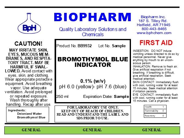 Biopharm Bromothymol Blue Indicator 0.1% (w/v) Aqueous Solution | 250 mL | Includes an Empty 50 mL Dropper Bottle and Dispensing Cap | pH 6.0 (Yellow)-pH 7.6 (Blue)