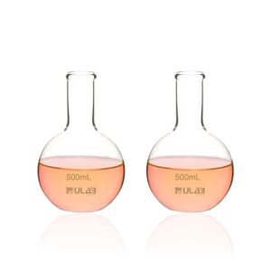 ulab boiling flask of flat bottom set, 2pcs of vol.500ml, borosilicate 3.3 glass material, ubf1010