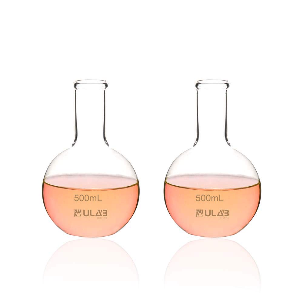 ULAB Boiling Flask of Flat Bottom Set, 2pcs of Vol.500ml, Borosilicate 3.3 Glass Material, UBF1010