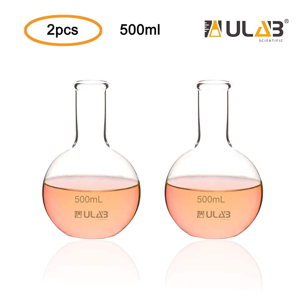 ULAB Boiling Flask of Flat Bottom Set, 2pcs of Vol.500ml, Borosilicate 3.3 Glass Material, UBF1010