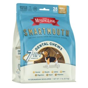 the missing link smartmouth vet developed dental chew treats, 7-in-1 benefits: healthy teeth & gums, breath, skin, joints, digestion, heart, immune system – small/medium 15-50lb dogs, 28 ct