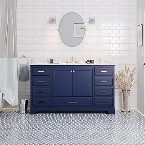 Kitchen Bath Collection Harper 60-inch Single Bathroom Vanity (Carrara/Royal Blue): Includes Royal Blue Cabinet with Authentic Italian Carrara Marble Countertop and White Ceramic Sink