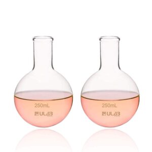 ulab boiling flask of round bottom set, 2pcs of vol.250ml, borosilicate 3.3 glass material, ubf1004