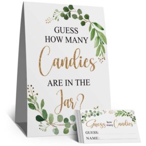 guess how many candies are in the jar, eucalyptus baby showers game set(1 sign and 50 guessing cards), green leaf baby shower insert ticket，bridal showers decorations, birthday party