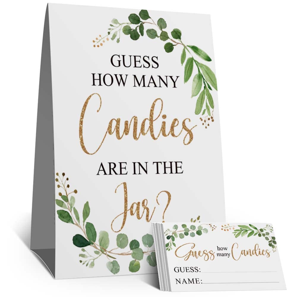 Guess How Many Candies Are In The Jar, Eucalyptus Baby Showers Game Set(1 Sign and 50 Guessing Cards), Green Leaf Baby Shower insert ticket，Bridal Showers Decorations, Birthday Party