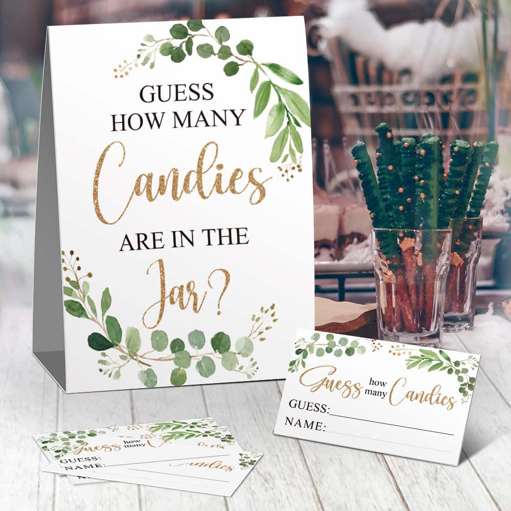 Guess How Many Candies Are In The Jar, Eucalyptus Baby Showers Game Set(1 Sign and 50 Guessing Cards), Green Leaf Baby Shower insert ticket，Bridal Showers Decorations, Birthday Party