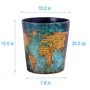 DreamsEden Vintage Leather Trash Can - Retro Waste Toillet Paper Bin Basket for Bathroom Bedroom Office (Blue World map)