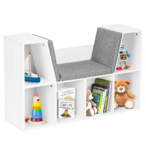 honey joy reading nook organizer with seat cushion, kids bookcase with reading nook, 6-cubby wooden corner storage shelf book nook for playroom bedroom decor (white)