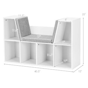 HONEY JOY Reading Nook Organizer with Seat Cushion, Kids Bookcase with Reading Nook, 6-Cubby Wooden Corner Storage Shelf Book Nook for Playroom Bedroom Decor (White)