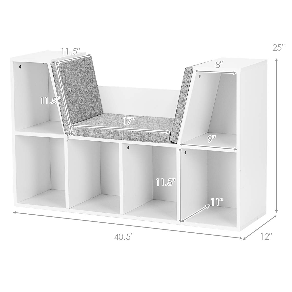 HONEY JOY Reading Nook Organizer with Seat Cushion, Kids Bookcase with Reading Nook, 6-Cubby Wooden Corner Storage Shelf Book Nook for Playroom Bedroom Decor (White)