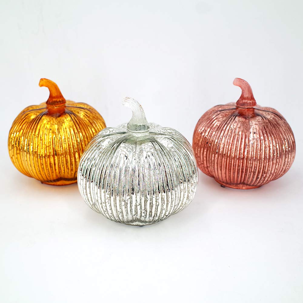 hvfun Mercury Glass Light up Pumpkin with Timer- Fall Decoration for Home-Lamps for Festive Decoration-Halloween Decorations (Gold)