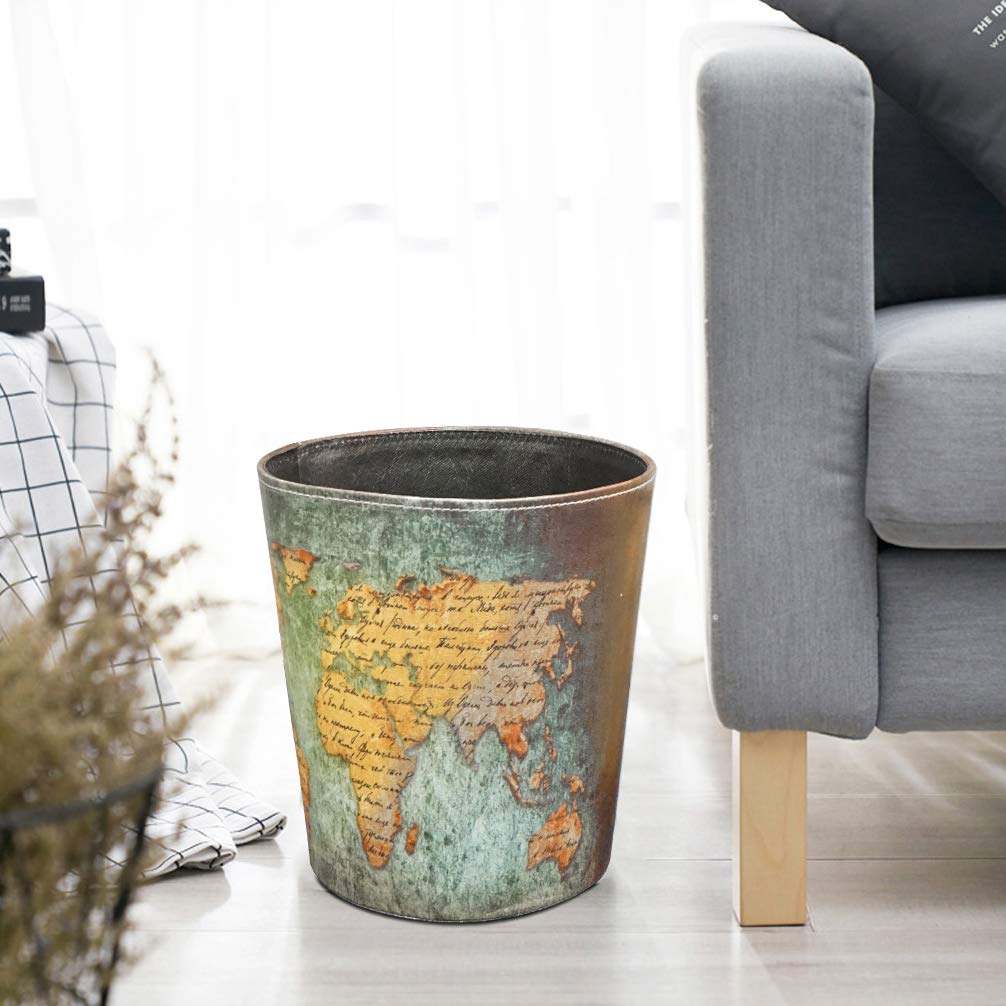 DreamsEden Vintage Leather Trash Can - Retro Waste Toillet Paper Bin Basket for Bathroom Bedroom Office (Blue World map)