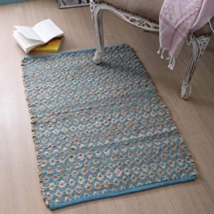 jute cotton rug 2x3'- hand woven by skilled artisans, for any room of your home décor - reversible for double the wear - diamond design - jute cotton rug - natural teal,kitchen rug,entry way rug