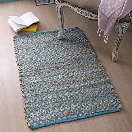 Jute Cotton Rug 2x3'- Hand Woven by Skilled Artisans, for Any Room of Your Home décor - Reversible for Double The wear - Diamond Design - Jute Cotton Rug - Natural Teal,Kitchen Rug,Entry Way Rug