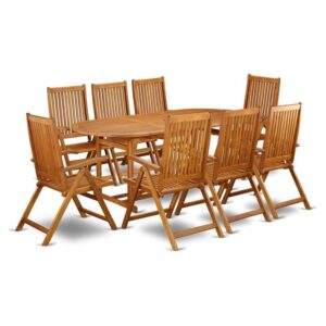 east west furniture bscn9nc5n beasley 9 piece patio bistro dining furniture set includes an oval outdoor acacia wood table and 8 folding adjustable arm chairs, 36x78 inch, natural oil