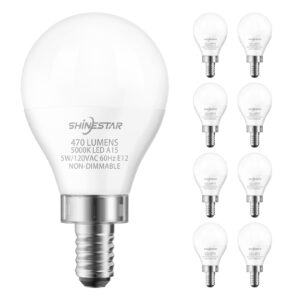 shinestar 8-pack ceiling fan light bulbs, small base, 120v 40w equivalent, 5000k daylight, e12 led candelabra bulb, non-dimmable