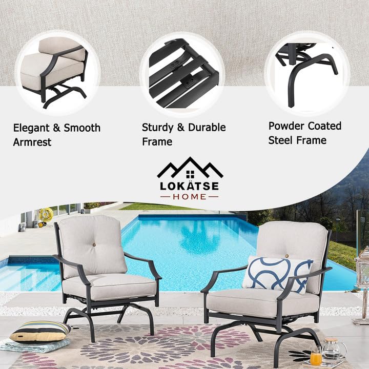 LOKATSE HOME Outdoor Patio Iron Steel Bistro Club Furniture Conversation Sets Modern Dining Chair with Cushion-Beige