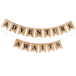 lingteer adventure awaits burlap banner bunting bon voyage travel retirement graduations wedding party pennant decorations supplies - [pre strung].