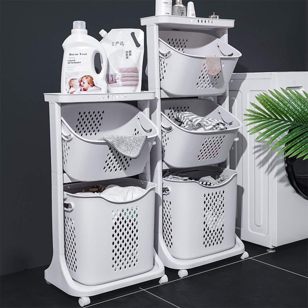 Multipurpose Sorter Basket ,3-Tier Laundry Basket with Wheel Rolling Laundry Sorter Hamper for Kitchen Bedroom Baedroom Bathroom ,Tier Basket Stand with 6 Side Hooks Storage Shelf