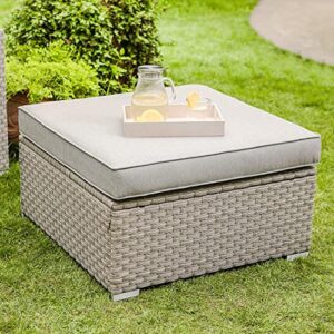 COSIEST Outdoor Furniture Add-on Ottoman for Expanding Wicker Sectional Sofa Set w Warm Gray Thick Cushion for Garden, Pool, Backyard