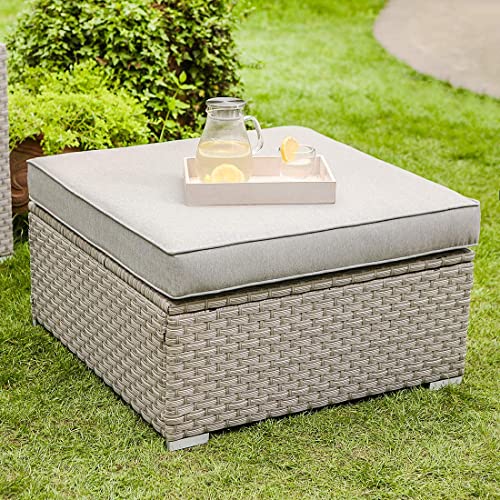 COSIEST Outdoor Furniture Add-on Ottoman for Expanding Wicker Sectional Sofa Set w Warm Gray Thick Cushion for Garden, Pool, Backyard