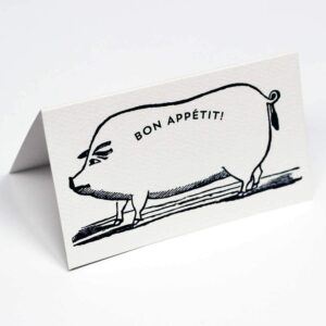 nancy nikko bon appetit place cards with pig illustration for dinner parties and events. table tent style, scored for easy folding. available in packages of 12 and 25 (12)