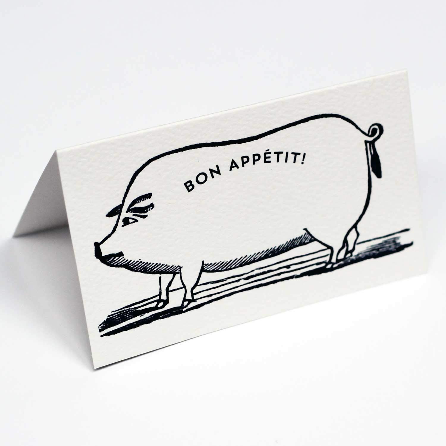 Nancy Nikko BON APPETIT Place Cards with Pig Illustration for Dinner Parties and Events. Table Tent Style, Scored for easy folding. Available in Packages of 12 and 25 (12)