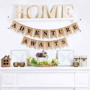 LINGTEER Adventure Awaits Burlap Banner Bunting Bon Voyage Travel Retirement Graduations Wedding Party Pennant Decorations Supplies - [Pre Strung].