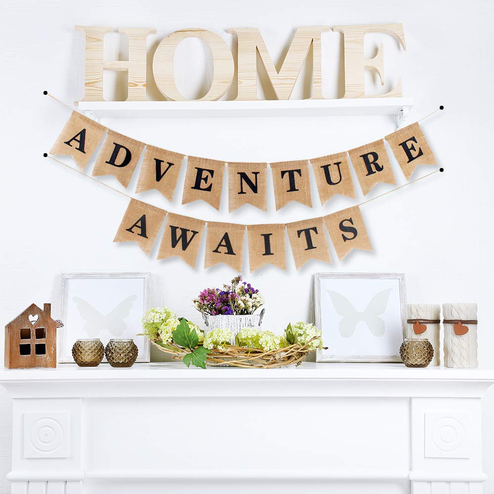 LINGTEER Adventure Awaits Burlap Banner Bunting Bon Voyage Travel Retirement Graduations Wedding Party Pennant Decorations Supplies - [Pre Strung].