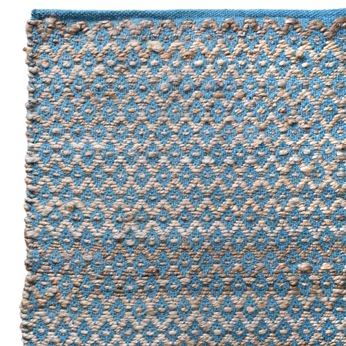 Jute Cotton Rug 2x3'- Hand Woven by Skilled Artisans, for Any Room of Your Home décor - Reversible for Double The wear - Diamond Design - Jute Cotton Rug - Natural Teal,Kitchen Rug,Entry Way Rug