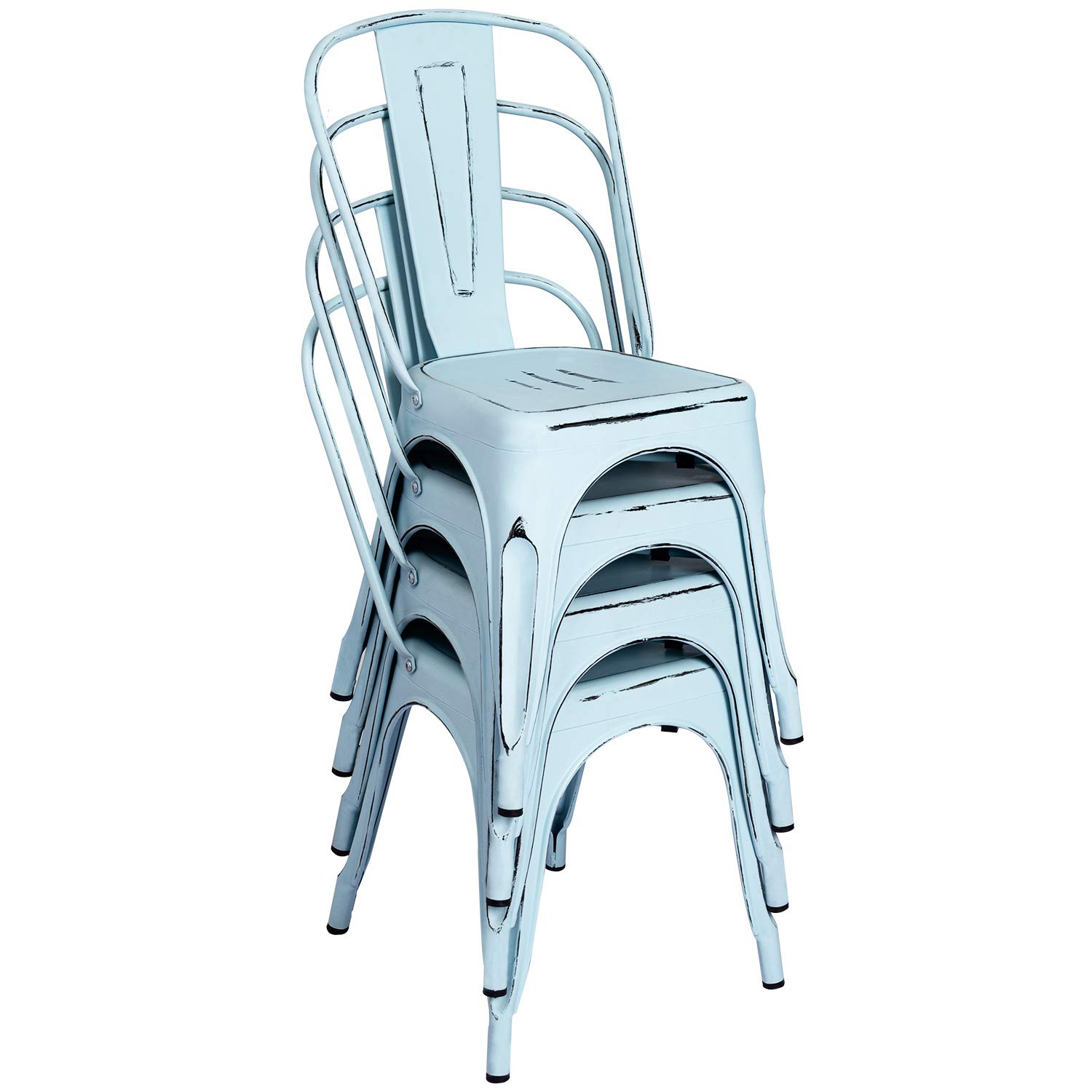 Furniwell Metal Dining Chairs Indoor Outdoor Use Stackable Tolix Industrial Metal Chairs Set of 4 for Kitchen, Dining Room, Bistro and Cafe (Distressed Blue)