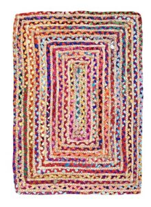 jute cotton hand braided rug, 2'x3' - multi color, reversible decorative bohemian rugs for kitchen entryway, farmhouse rag rug - 24x36 inches