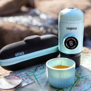 WACACO Nanopresso Portable Espresso Maker with Case, Mini Travel Coffee Machine, Perfect for Camping, Travel and Office（ Elements Arctic Blue）