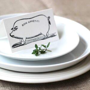 Nancy Nikko BON APPETIT Place Cards with Pig Illustration for Dinner Parties and Events. Table Tent Style, Scored for easy folding. Available in Packages of 12 and 25 (12)