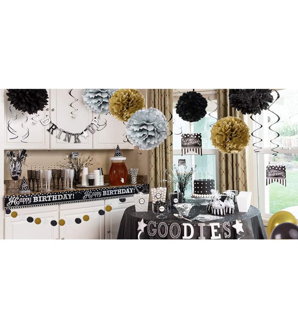 Black and Gold Party Decorations - DIY Tissue Paper Pom Poms Flowers, Tassel, Balloons, Hanging Swirl, Paper Circle Garland for Graduation and Retirement Party Decor