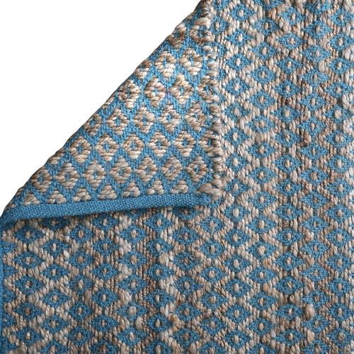 Jute Cotton Rug 2x3'- Hand Woven by Skilled Artisans, for Any Room of Your Home décor - Reversible for Double The wear - Diamond Design - Jute Cotton Rug - Natural Teal,Kitchen Rug,Entry Way Rug