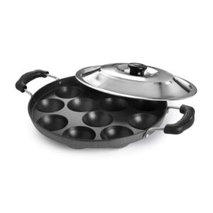 cello non-stick 12 cavity appam patra 2 side handle with stainless steel lid